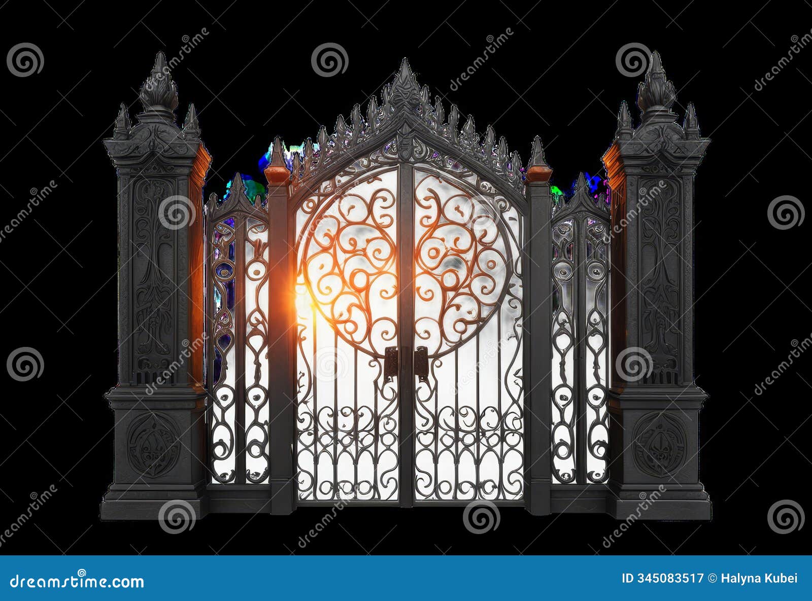 Intricately Designed Gothic Iron Gate with Sunlight Reflection Stock ...