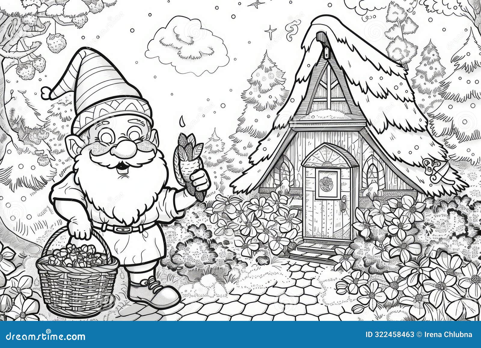 An Intricately Drawn Coloring Page Featuring a Gnome, a Quaint House ...