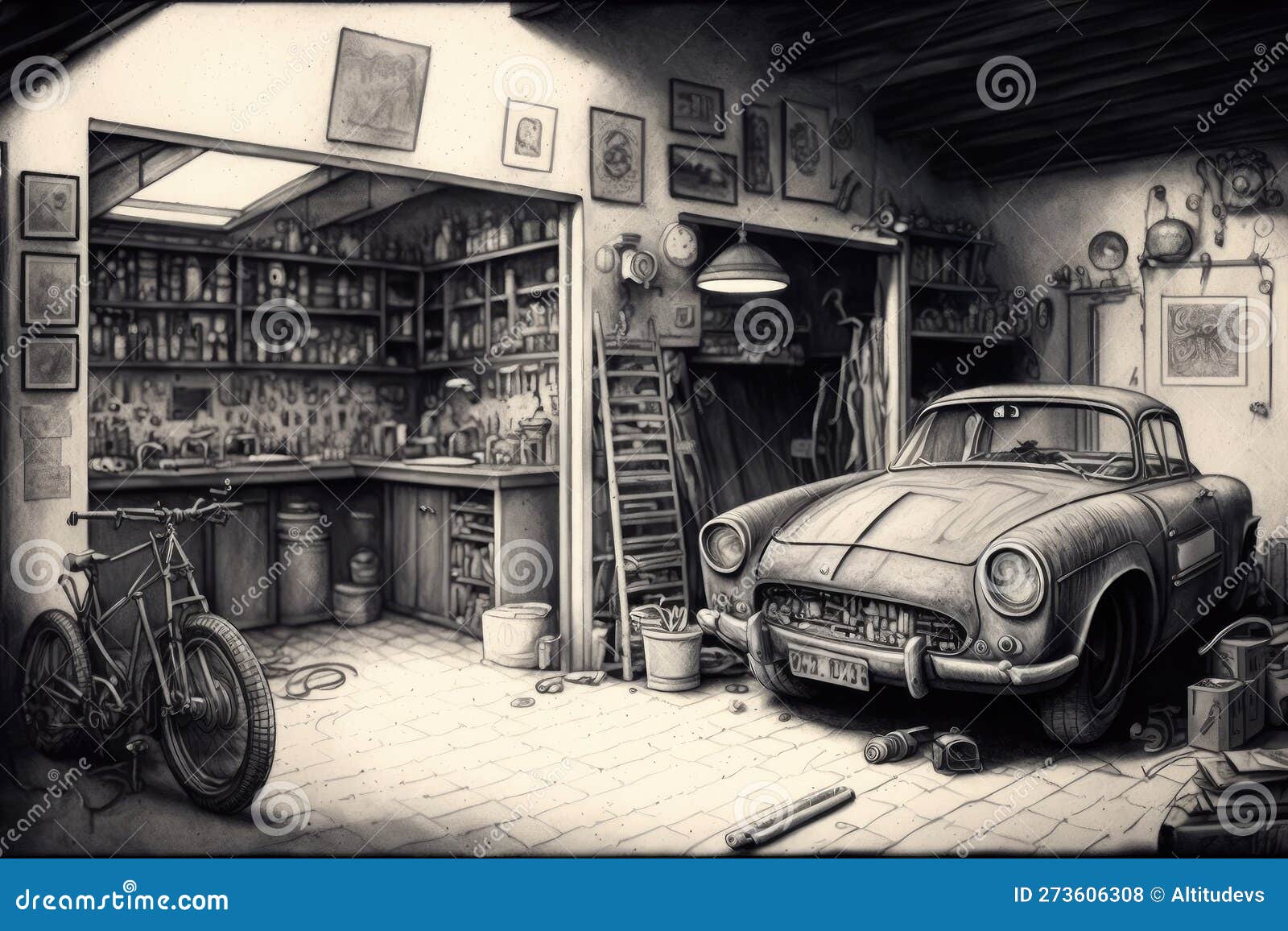 An Intricately Drawn Garage, with Every Detail of the Structure and Its ...