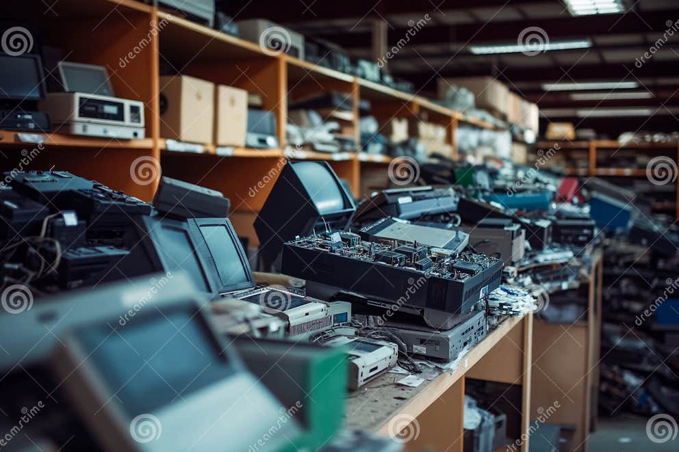 Abandoned Electronic Devices are Piled on Shelves in a Warehouse. the ...