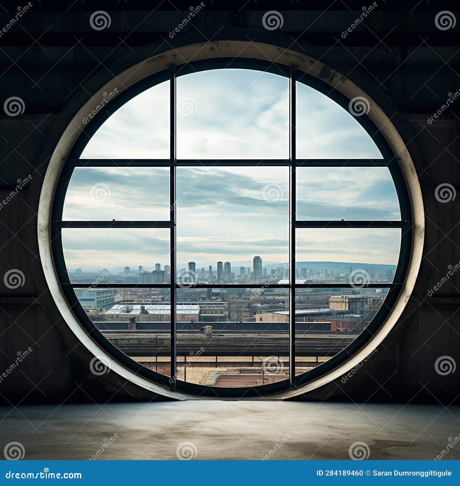 Overlooking a Bustling Manufacturing Plant through a Circular Window ...