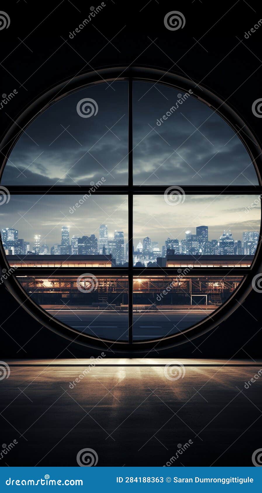 Overlooking a Bustling Manufacturing Plant through a Circular Window ...