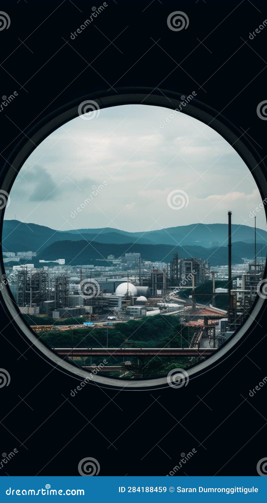 Overlooking a Bustling Manufacturing Plant through a Circular Window ...