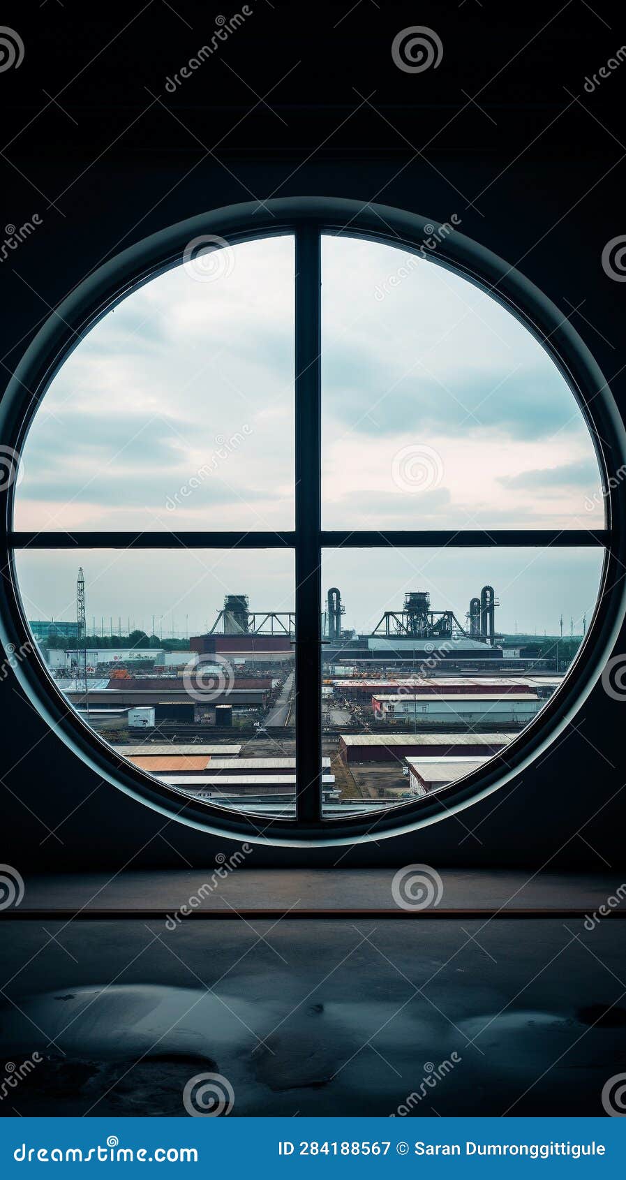 Overlooking a Bustling Manufacturing Plant through a Circular Window ...