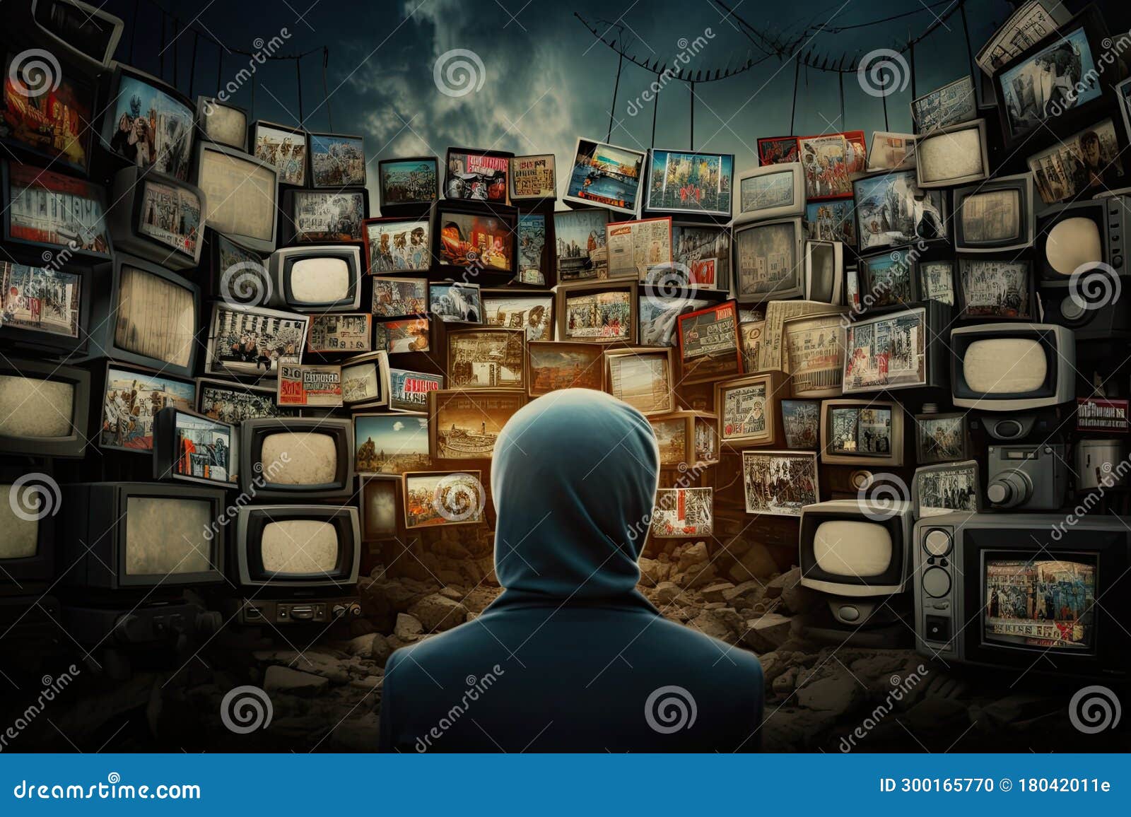 Intriguing Image of a Person Surrounded by a Wall of Retro TVs ...