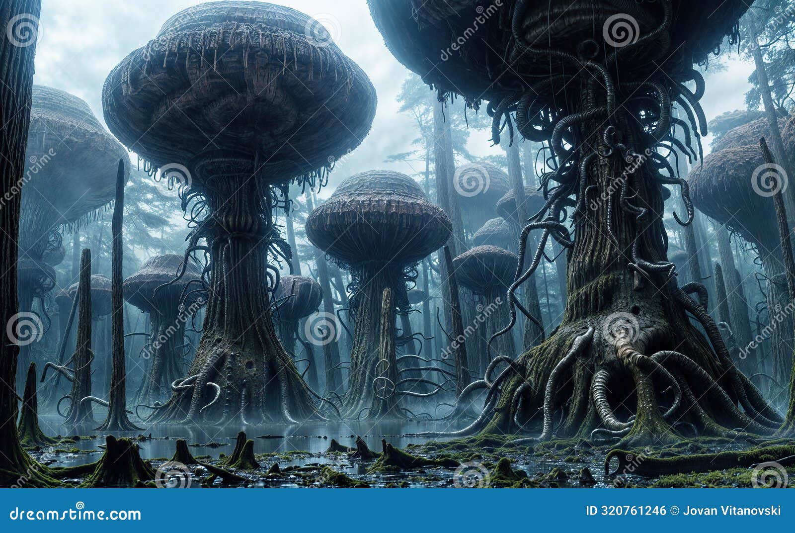Alien Forest with Mysterious Giant Trees and Mist Stock Illustration ...