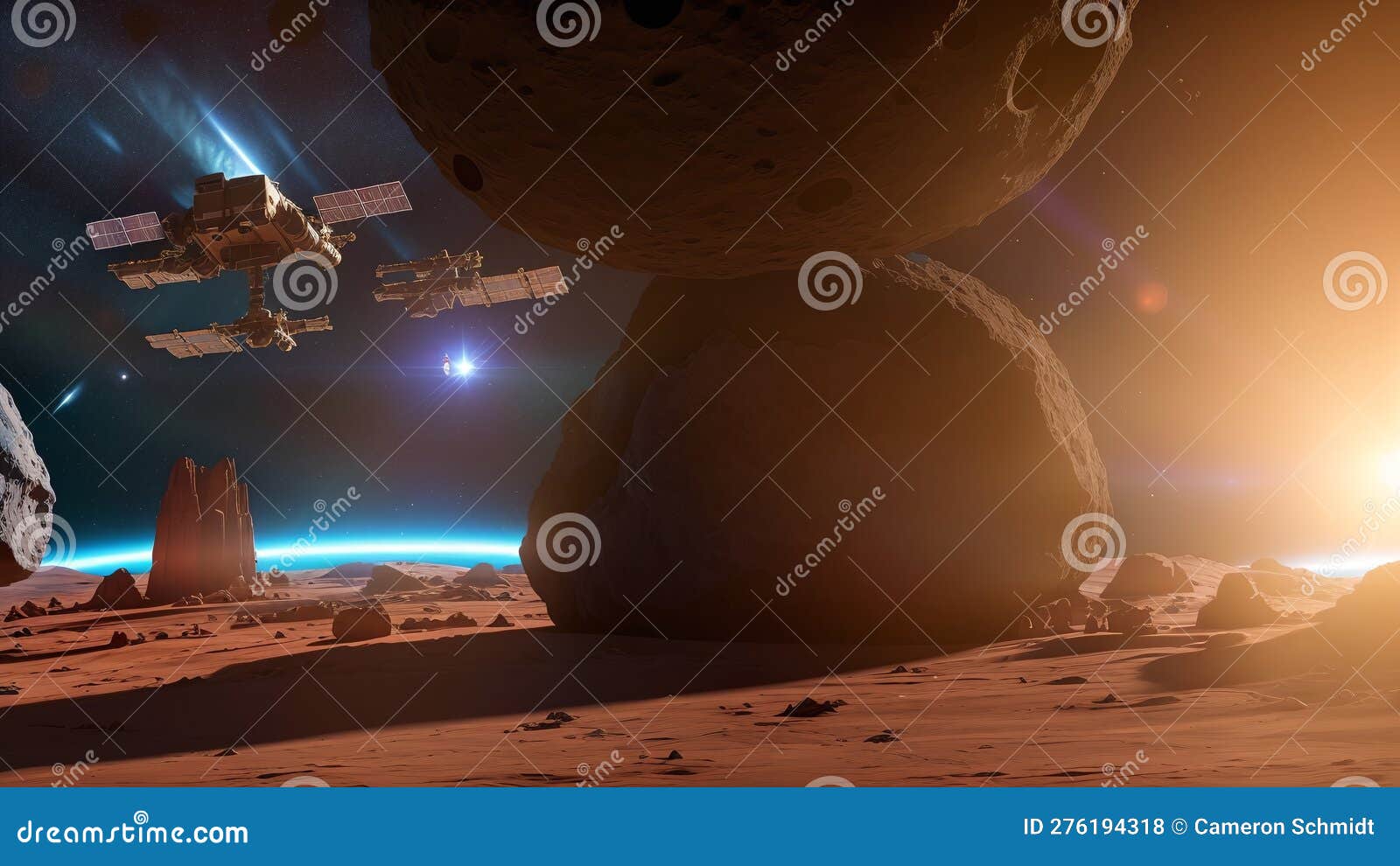 An Intriguing View of a Space Station in the Distance with a Rock ...