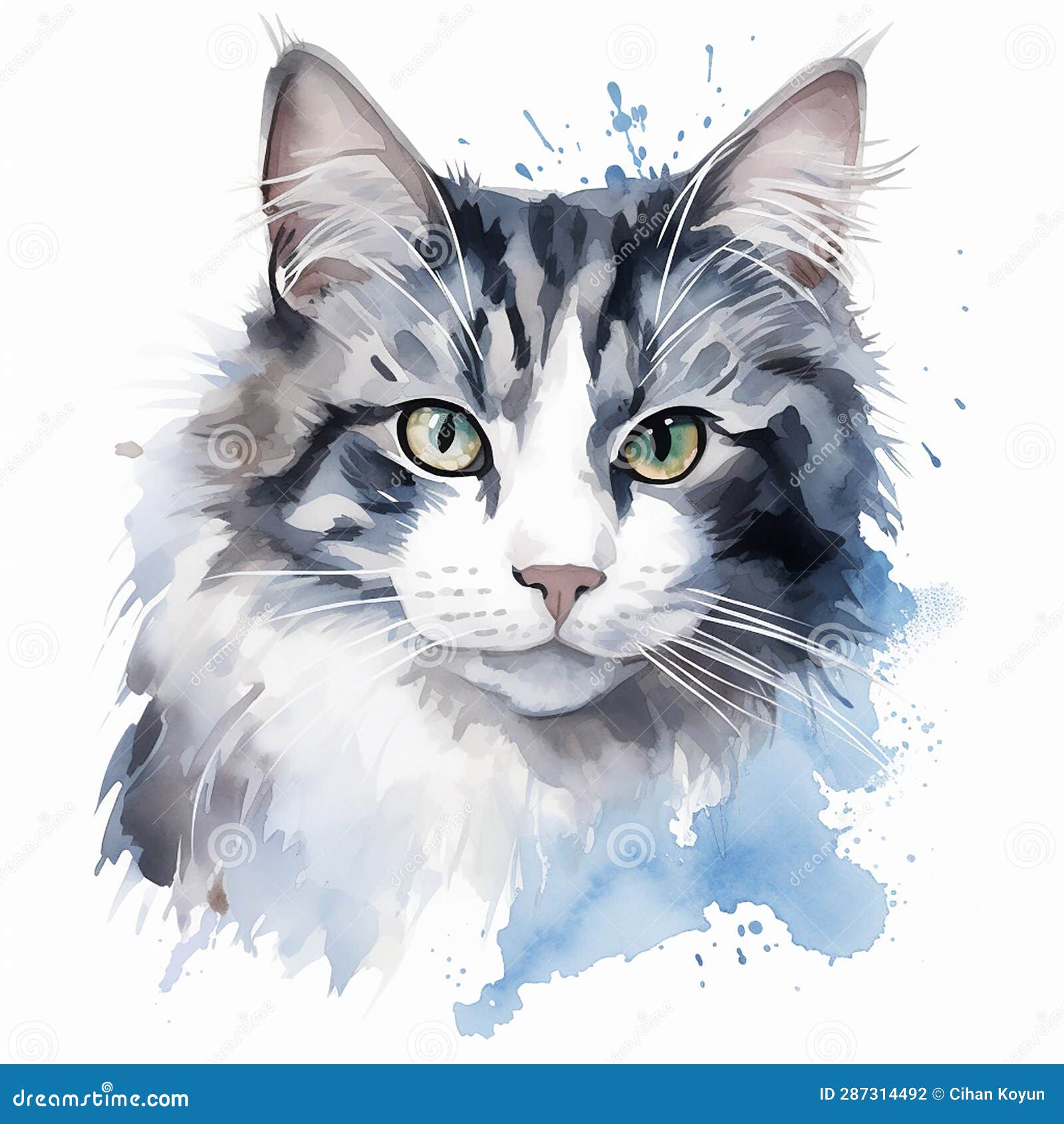 Intriguing White Background Watercolor Cat Drawing Stock Vector ...