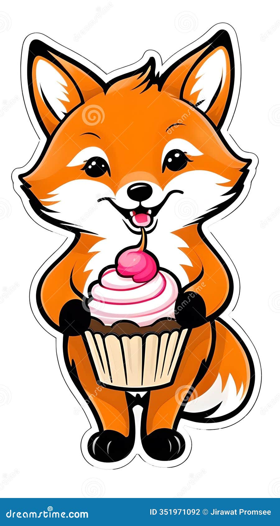Kawaii Contour Fox with Cupcake Vector Art on White Background Stock ...