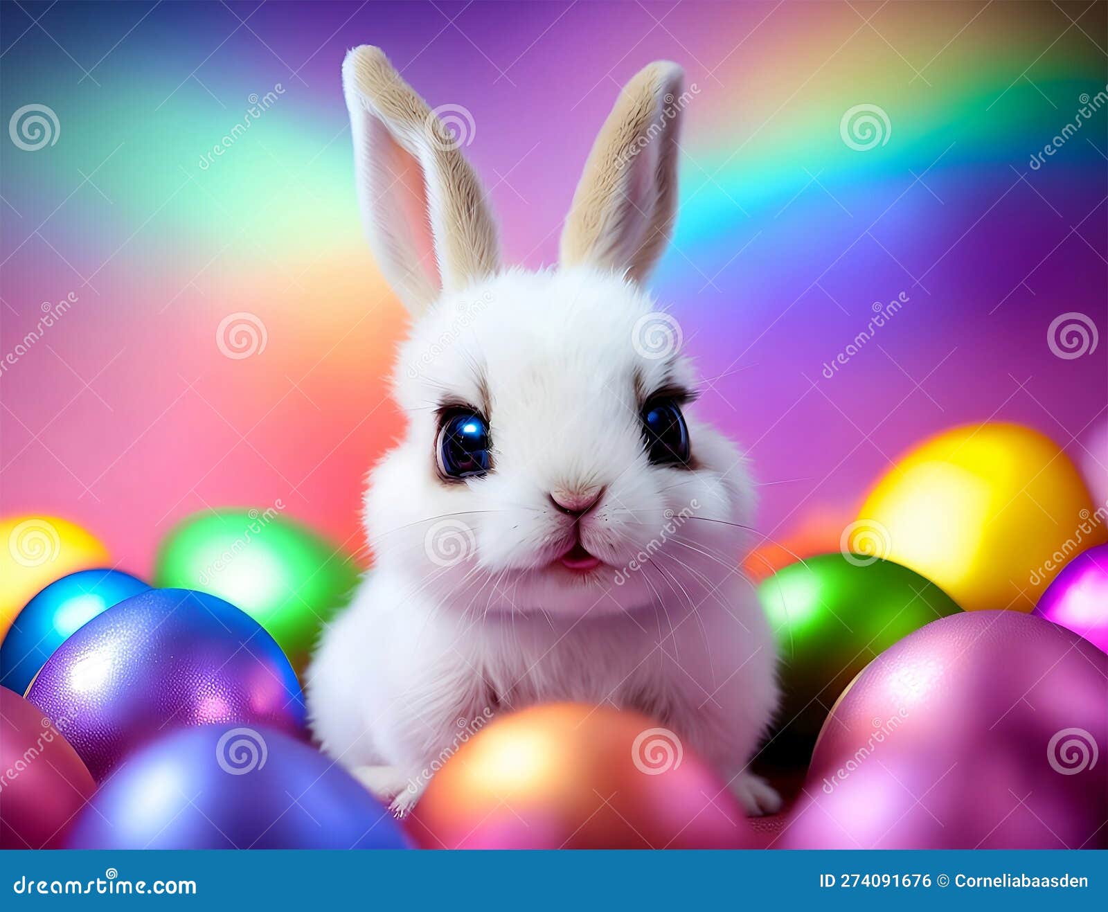 Cute White Easter Bunny with Vibrant Easter Eggs and Vivid Neon ...