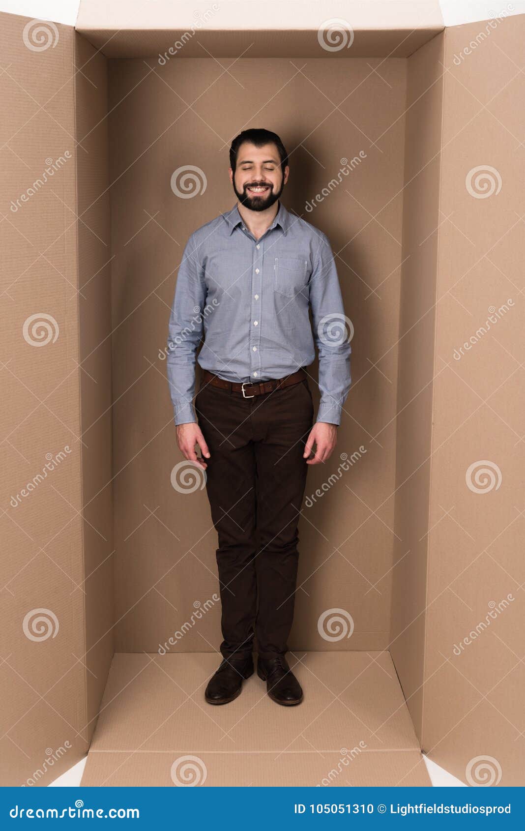 Introvert in cardboard box stock photo. Image of stand - 105051310