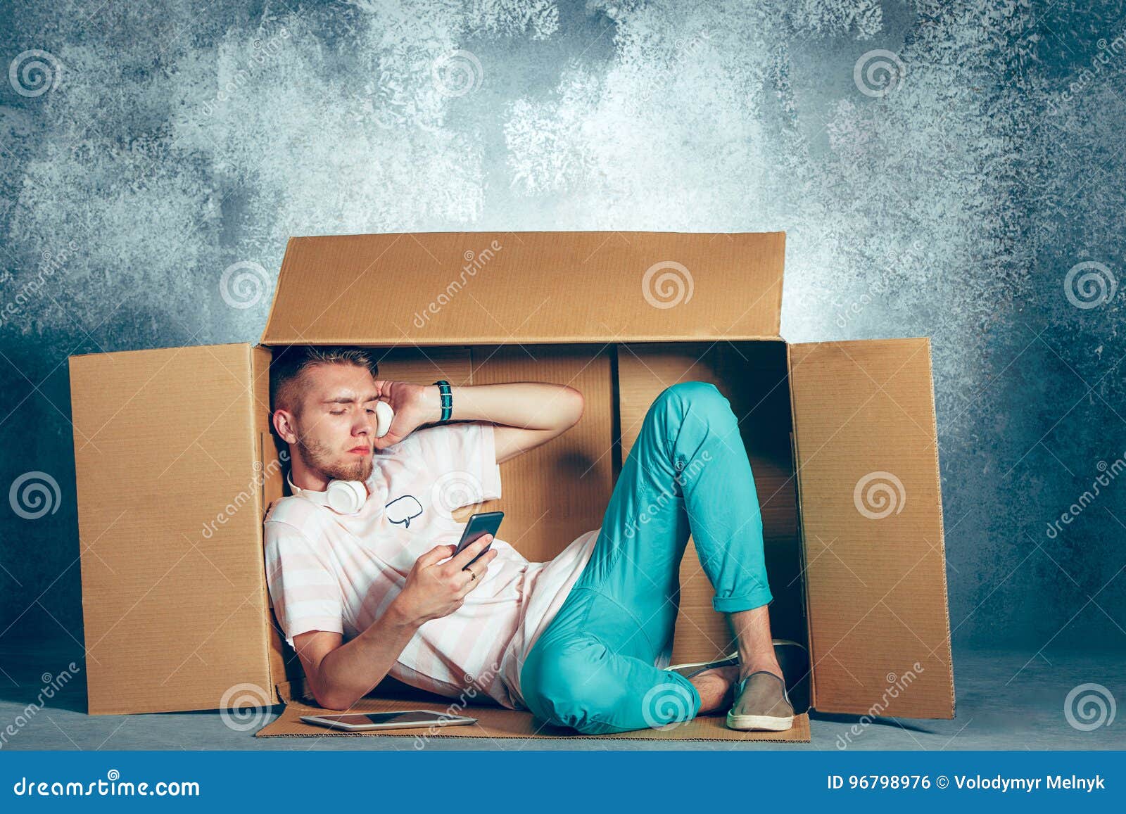 Introvert Concept. Man Sitting Inside Box Stock Photo - Image of ...