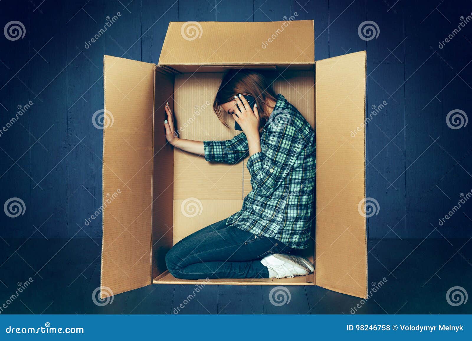 Introvert Concept. Woman Sitting Inside Box and Working with Phone ...