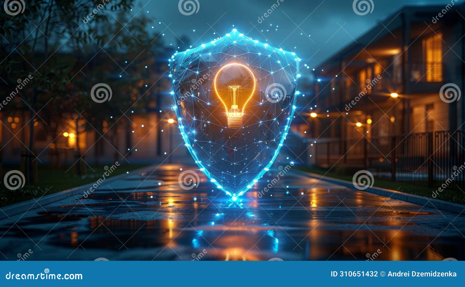 Intuitive Blue Glowing Lightbulb Behind Futuristic Guard Shield. Low ...