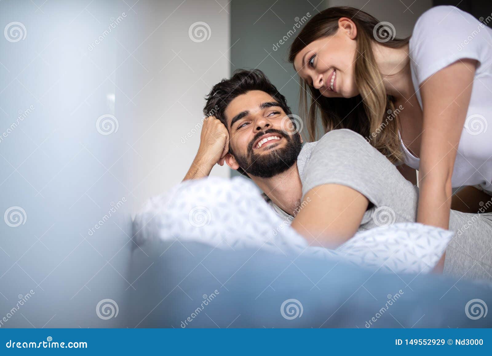 Intimate Sensual Young Couple In Bedroom Enjoying Each Other Obraz