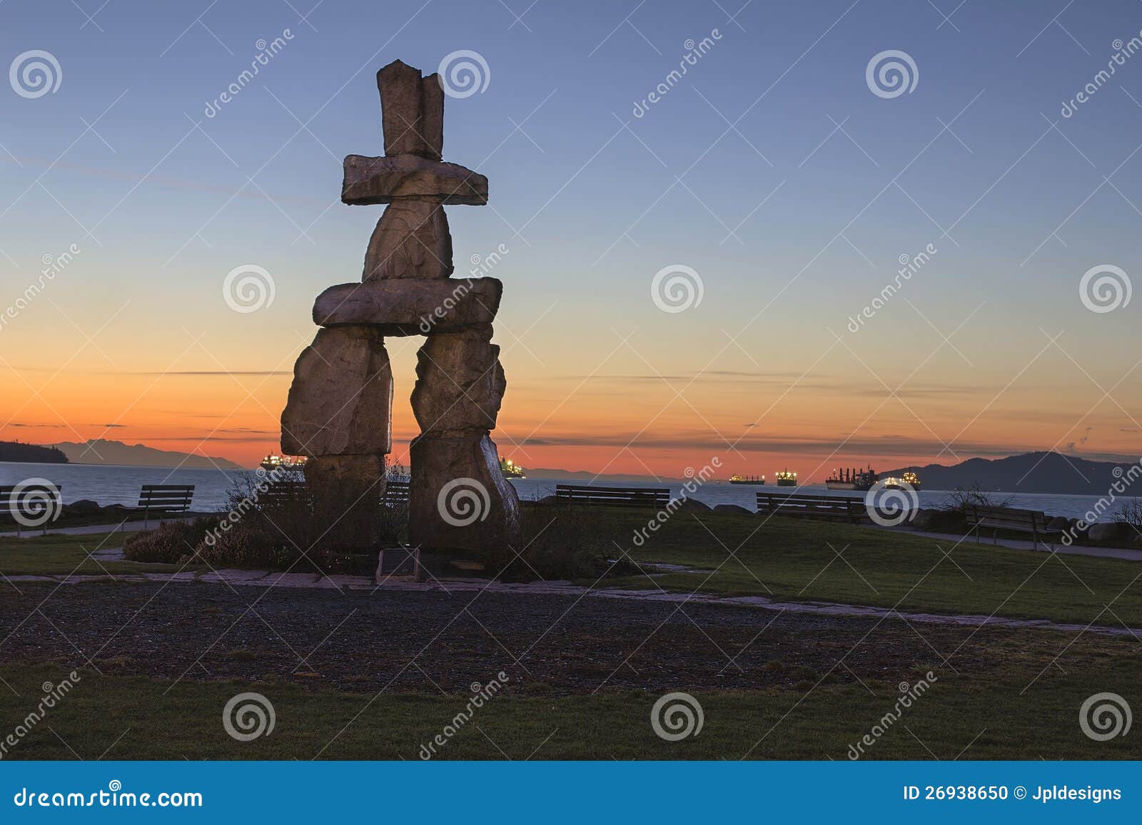 Inukshuk Stone Sunset Beach Vancouver BC at Sunset Stock Photo - Image ...
