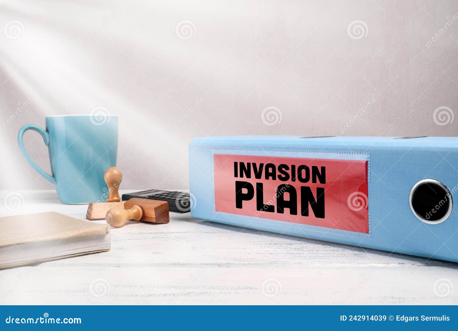 Invasion Plan. Documents in a Blue Folder on the Office Desk Stock ...