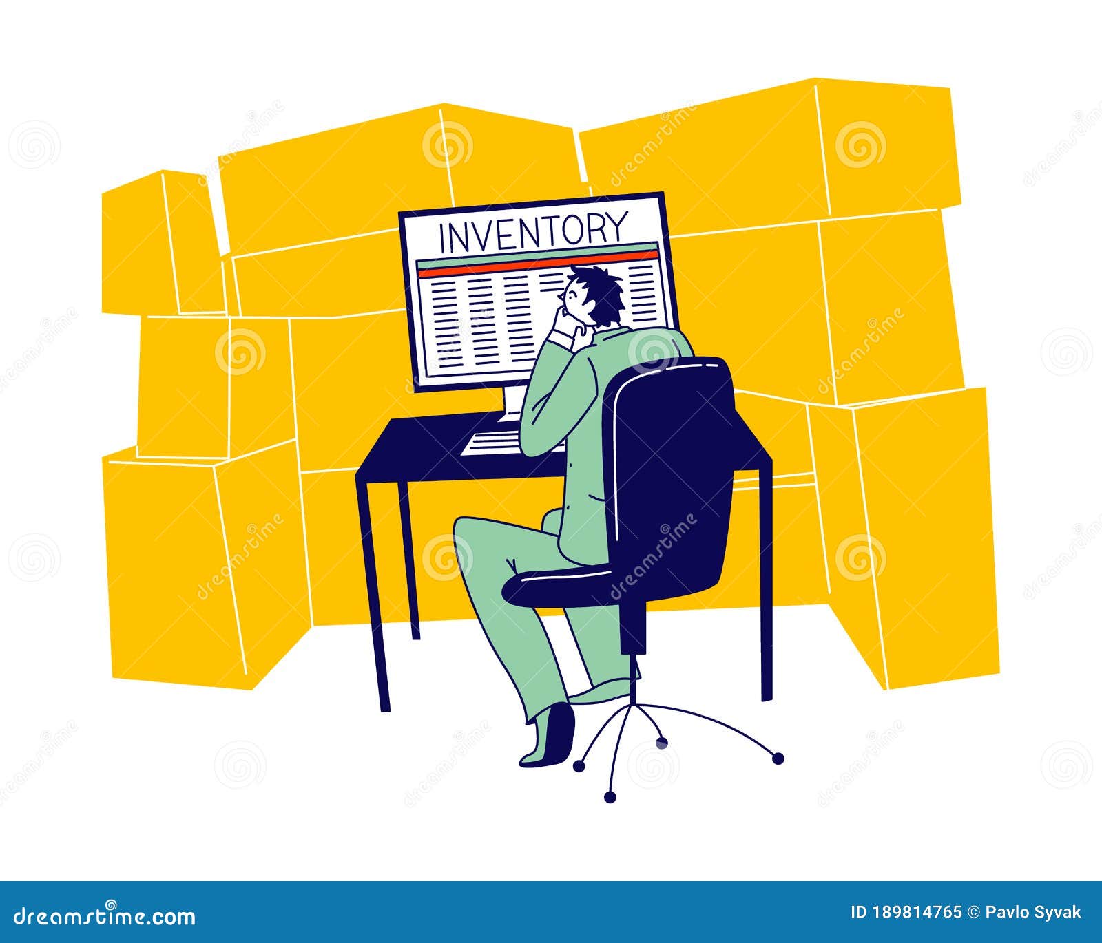 Inventory Manager Male Character Work In Warehouse With Stacks Of ...