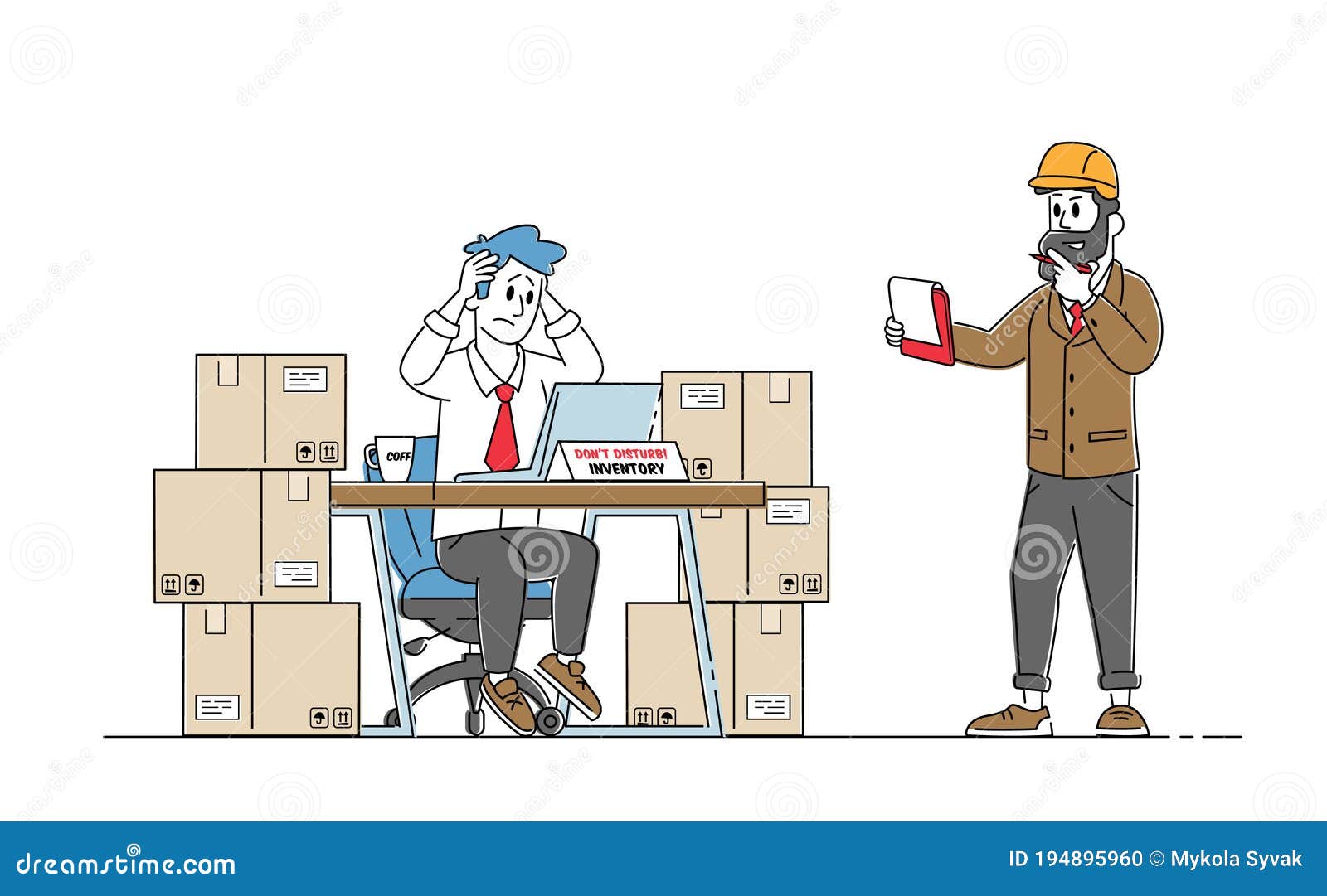 Tired Inventory Manager Male Character Sit In Warehouse With Stacks Of ...