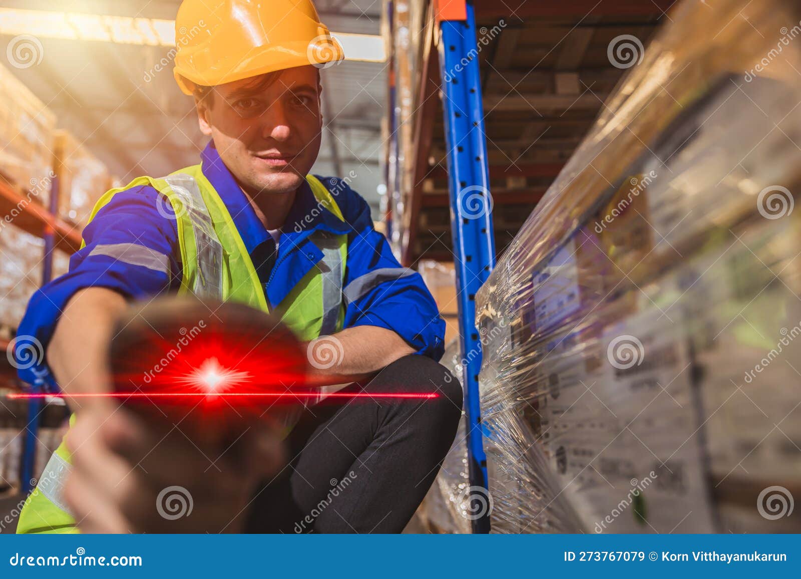 Inventory Staff Worker with Handheld Red Laser Barcode Scanner Label ...