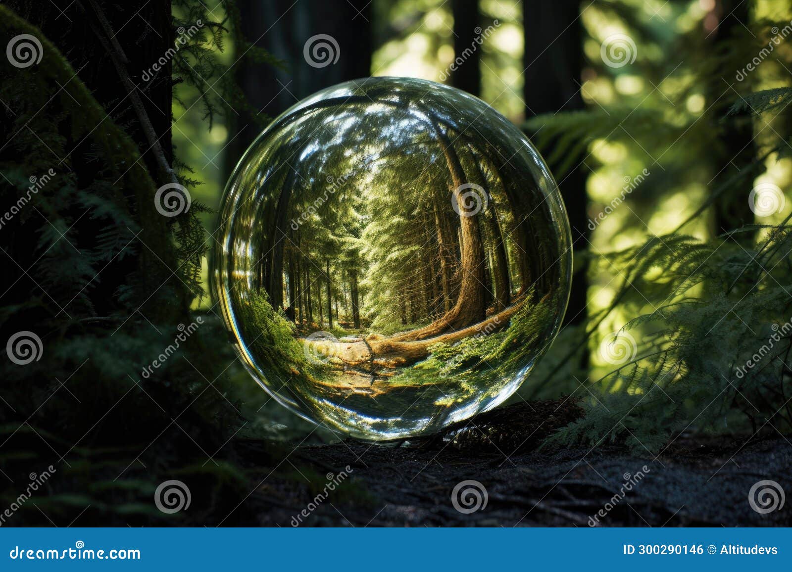 Inverted Image of a Dense Forest Reflected on a Glass Sphere Stock ...