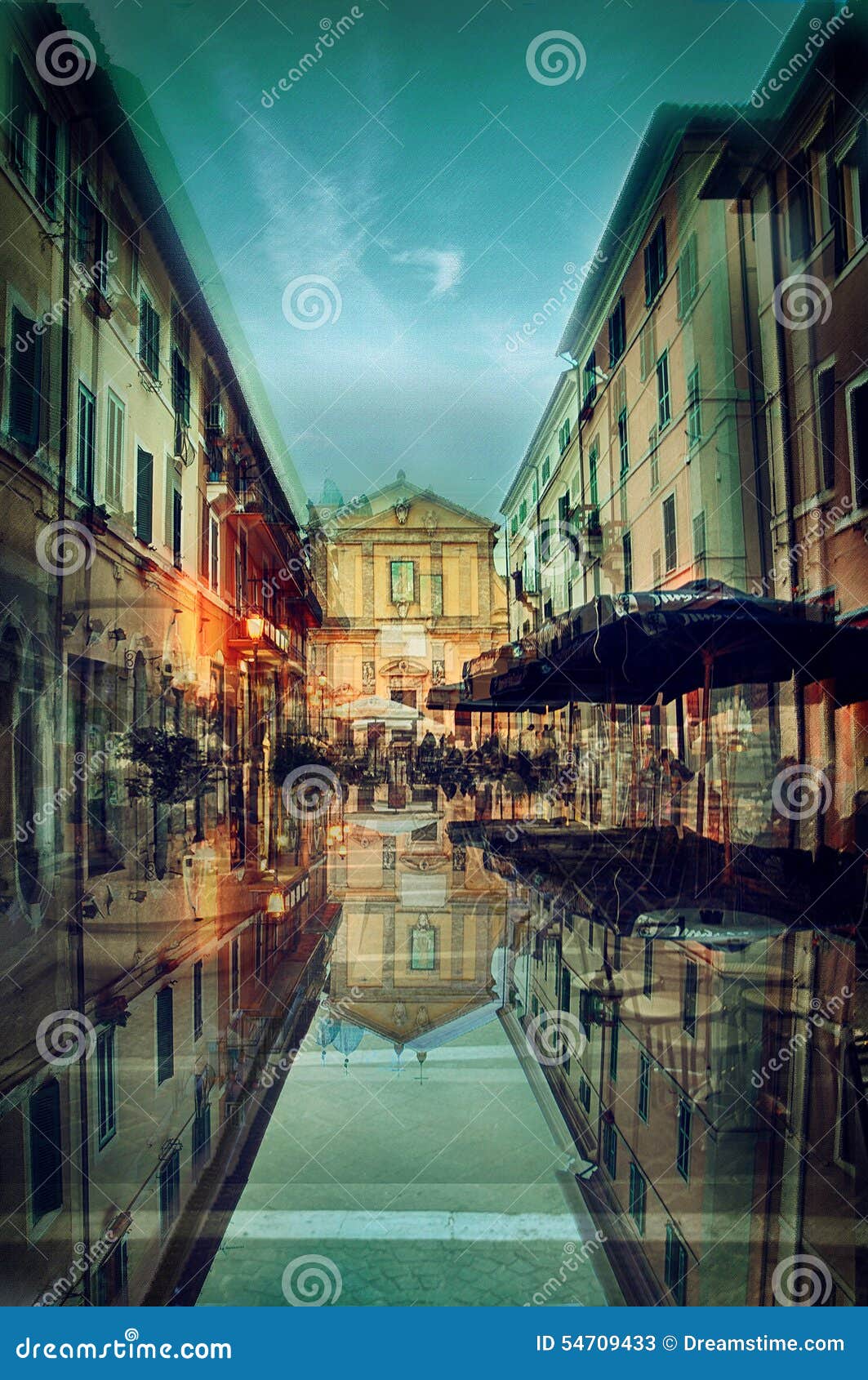 Inverted Reflection of Street Night Stock Image - Image of buildings ...