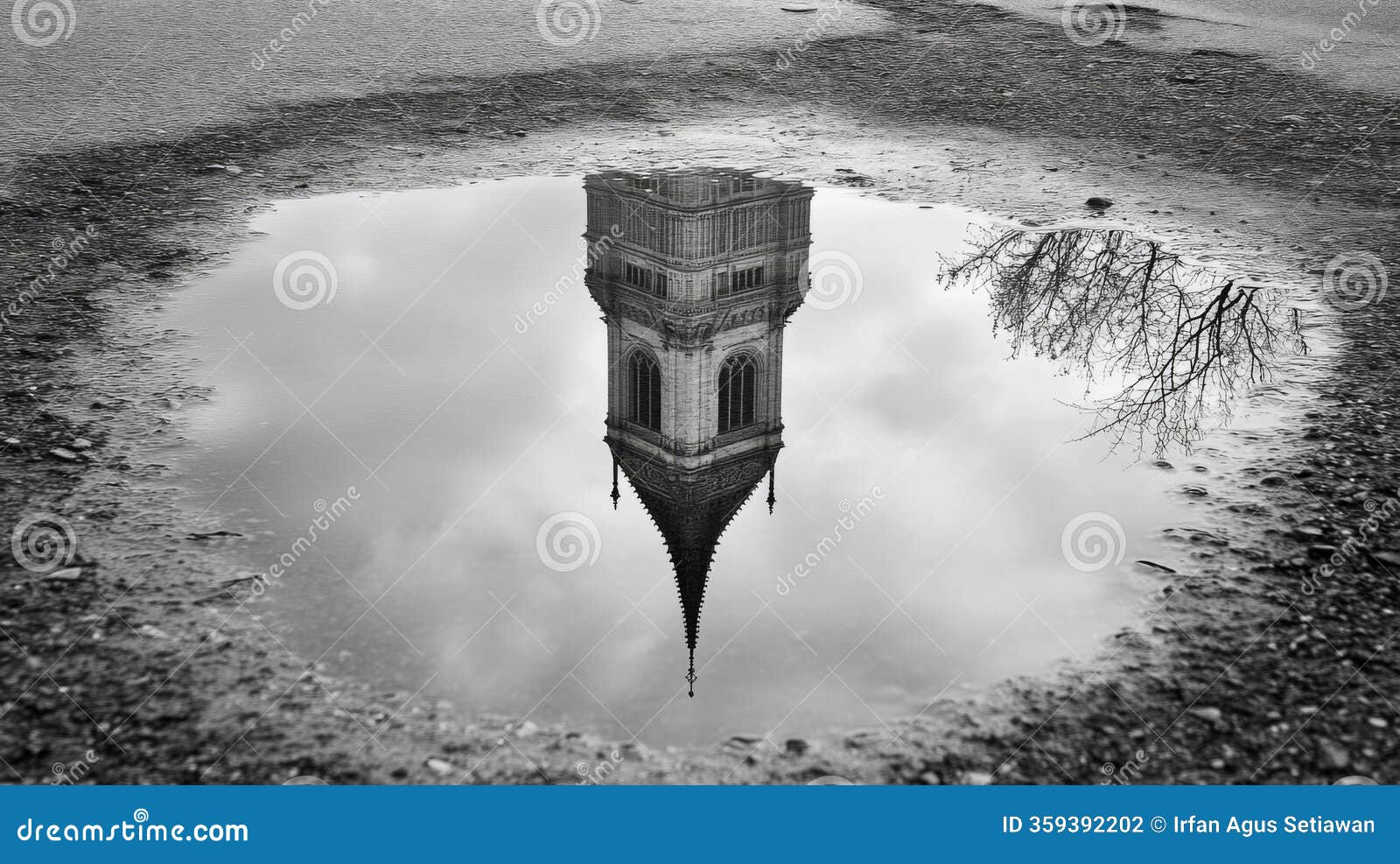 Inverted Reflection of a Tower in a City Puddle Stock Illustration ...