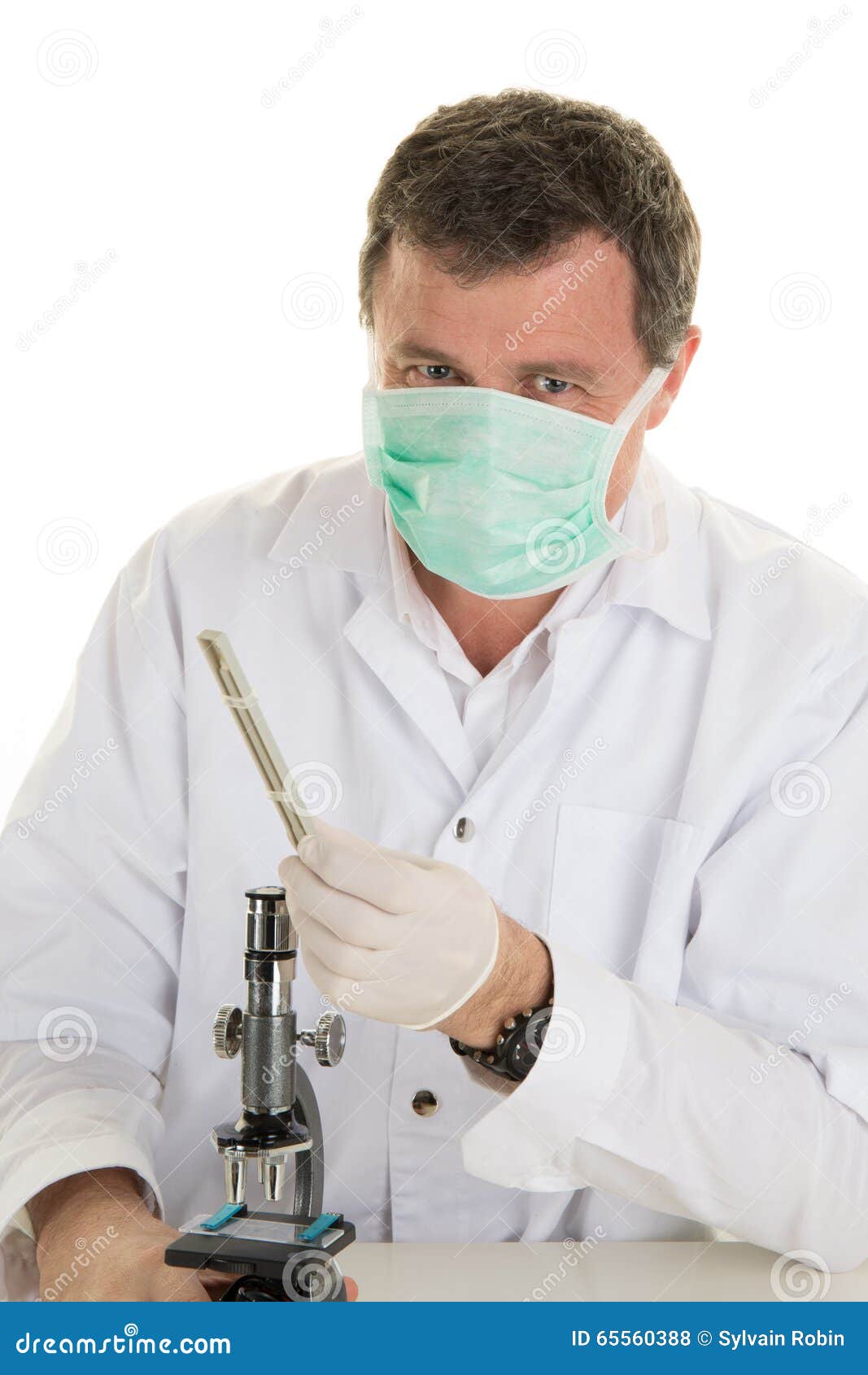 Investigator Checking Test Tubes. Man Wears Mask Stock Photo - Image of ...