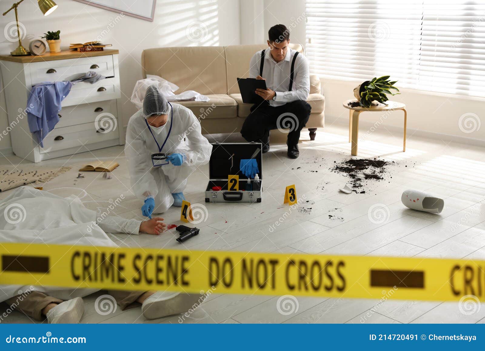 Investigators Working at Crime Scene with Dead Body Stock Image - Image ...