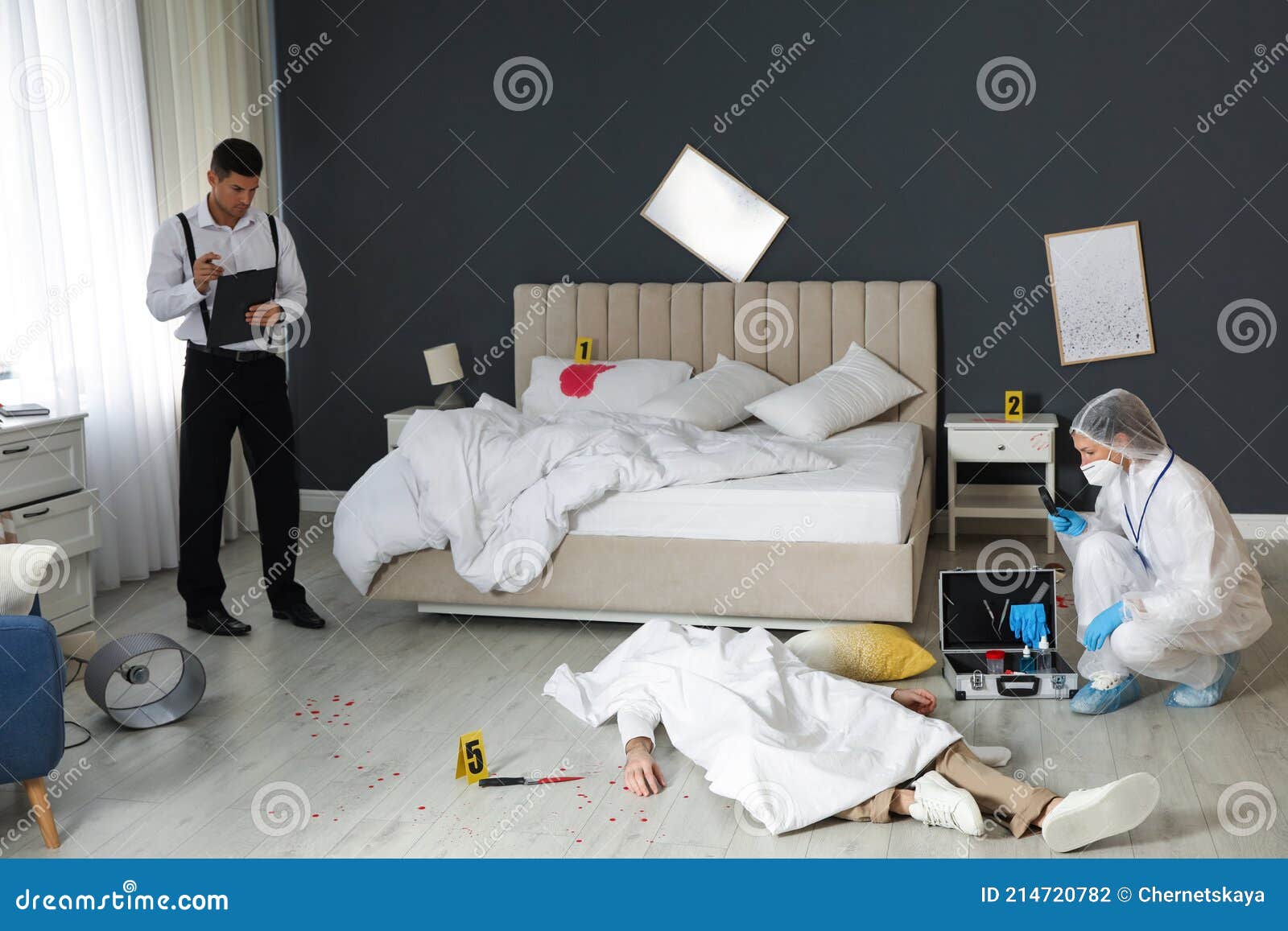 Investigators Working at Crime Scene with Dead Body Stock Photo - Image ...