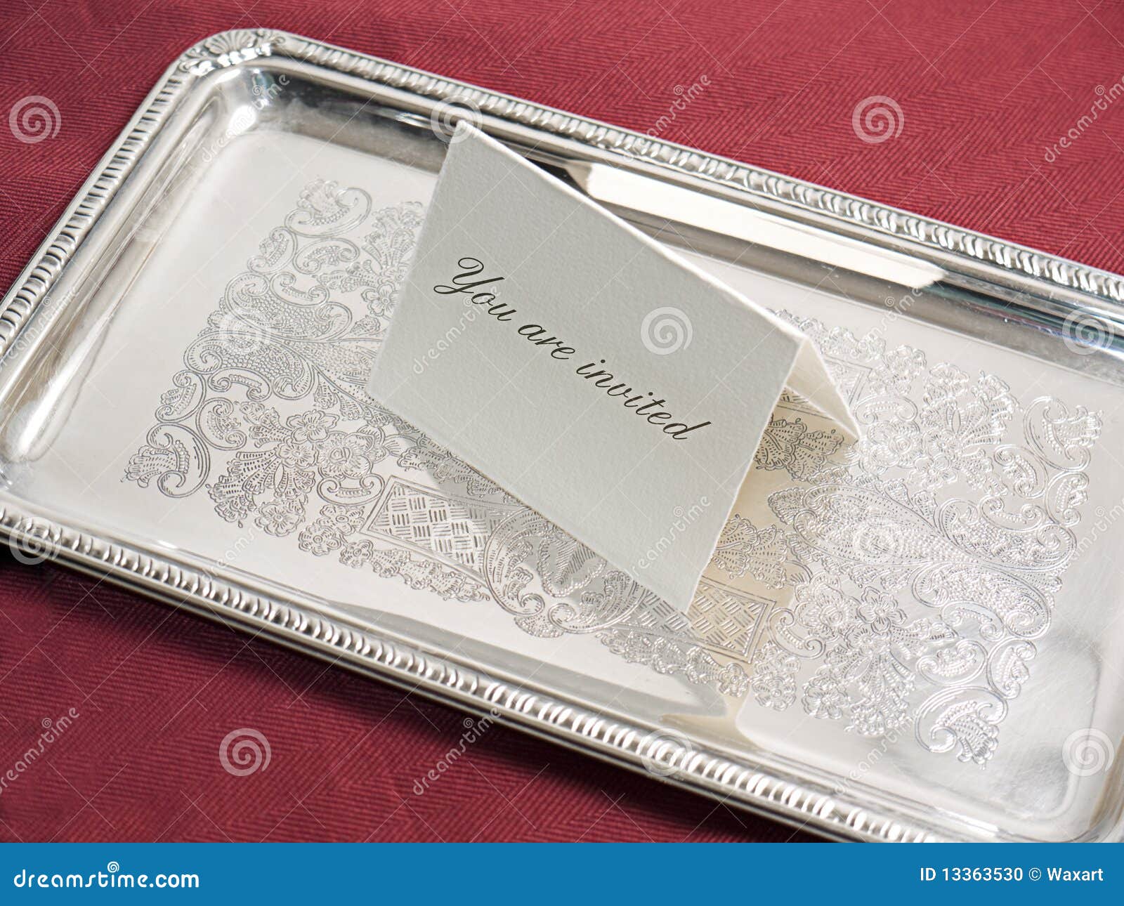 Invitation Card on Ornate Vintage Silver Tray Stock Photo - Image of ...