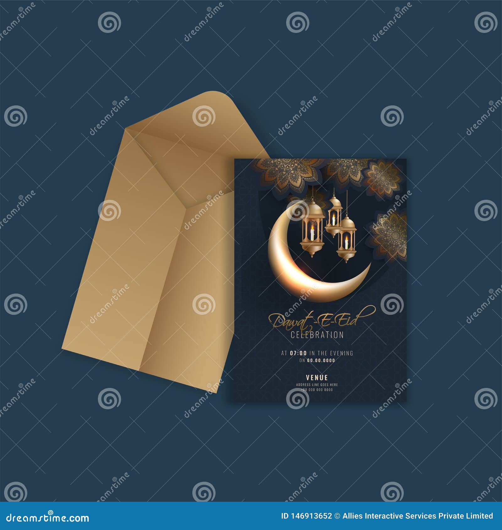 Dawat-E-Eid Invitation Card Design With Crescent Moon And Hanging ...