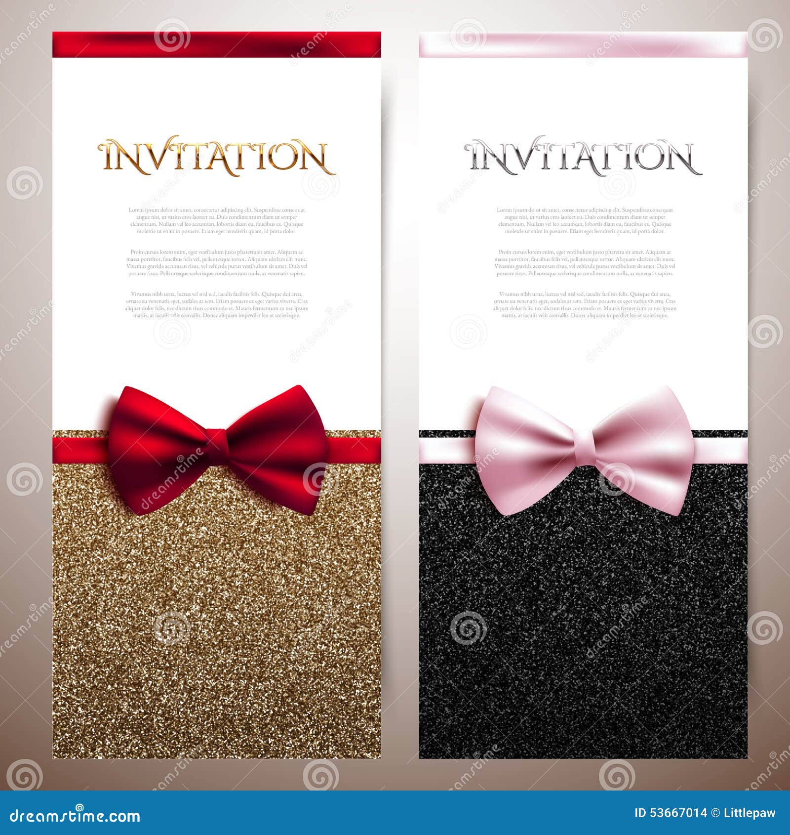 Invitation Cards with Shiny Glitter and Decorative Bows Stock Vector ...