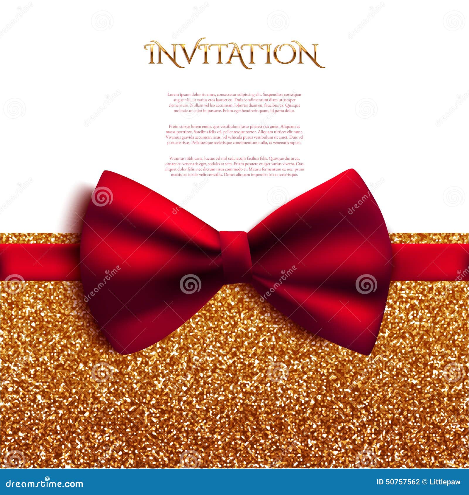 Invitation Decorative Card with Red Bow and Gold Shiny Glitter Stock ...