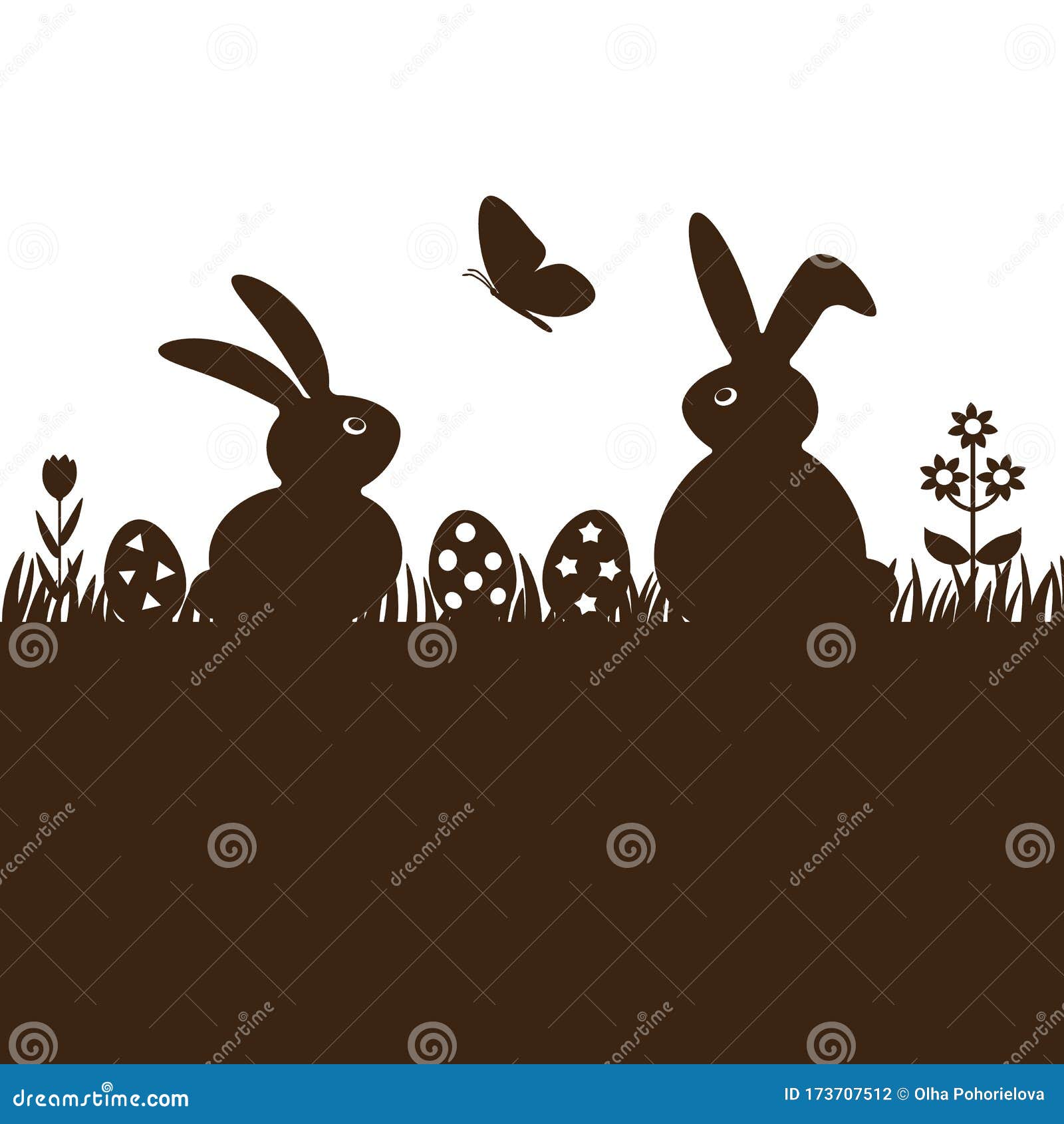 Invitation or Greeting Card with Text Happy Easter. Two Rabbits are ...