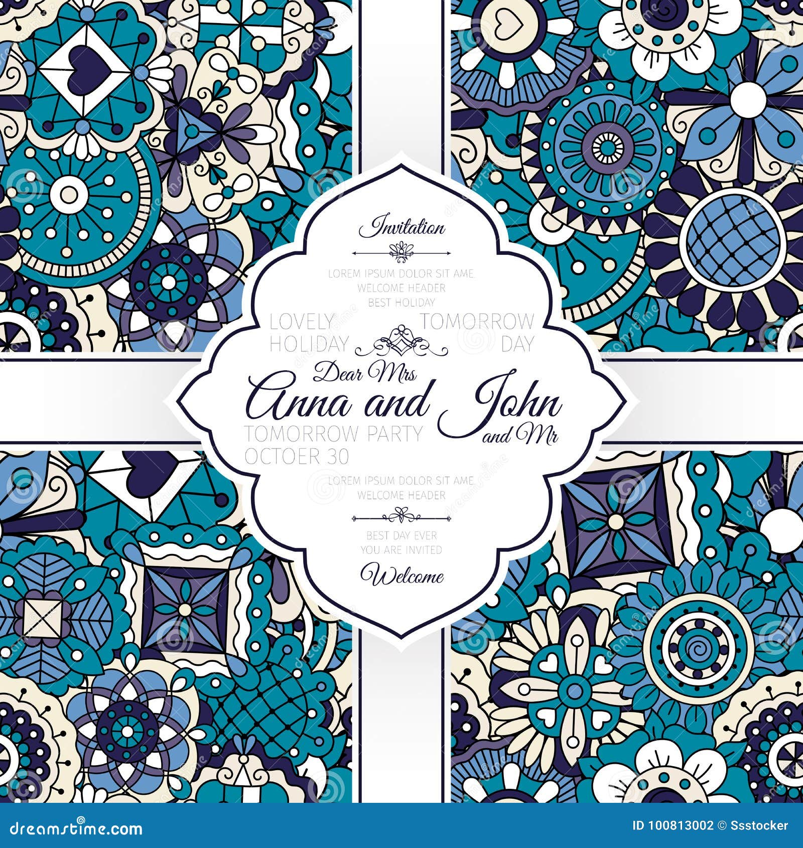 Invitation Card with Blue Doodle Pattern Stock Vector - Illustration of ...