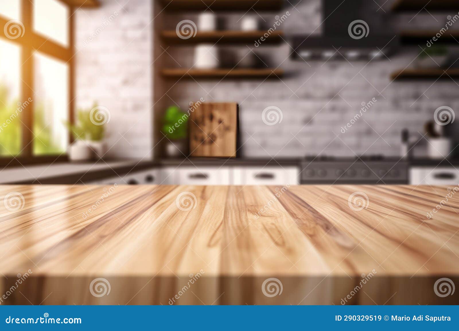 Wooden Table on Blurred Kitchen Bench Background Stock Image - Image of ...