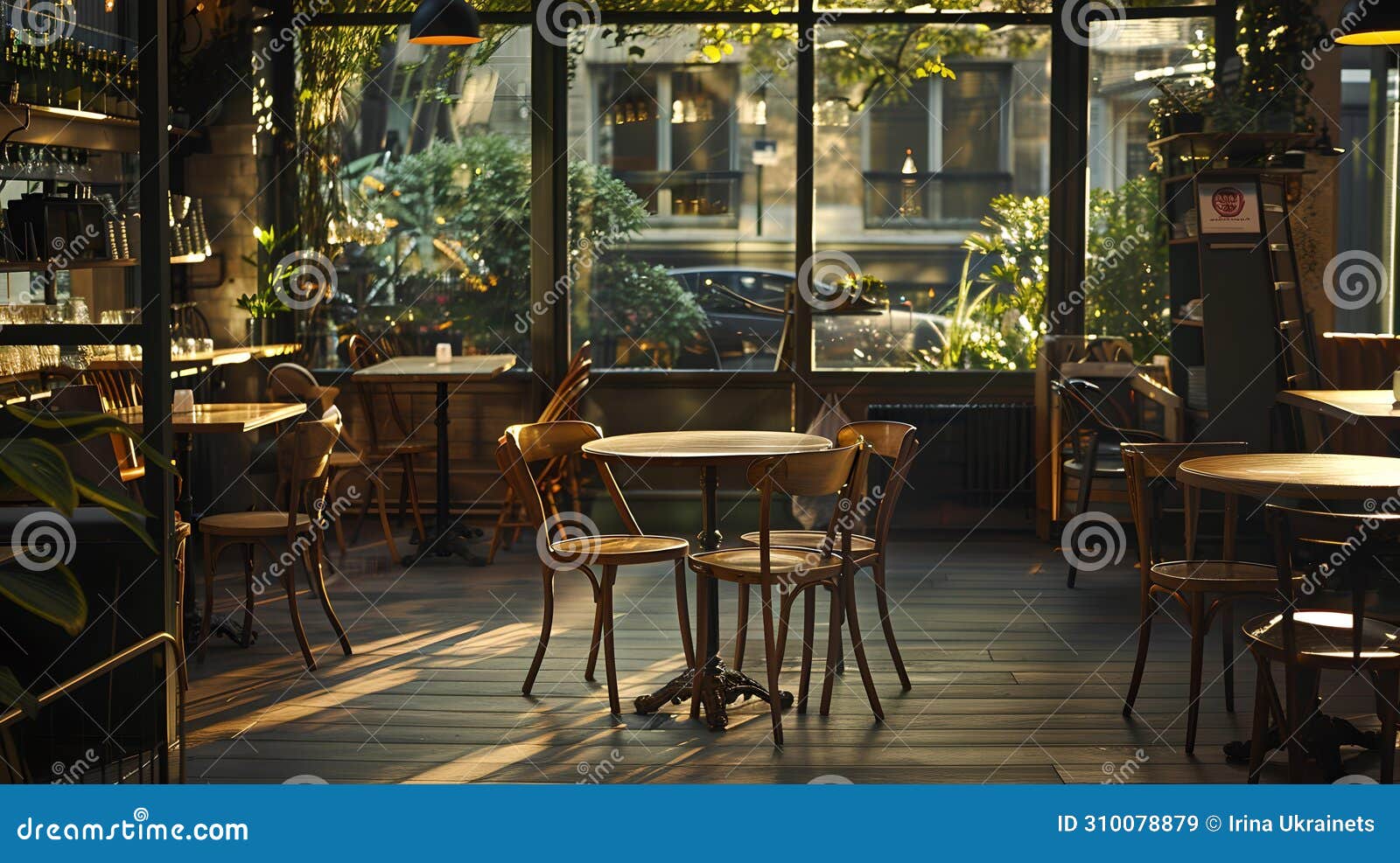 Cozy Cafe Interior at Dusk. Warm Lighting, Empty Chairs and Tables ...
