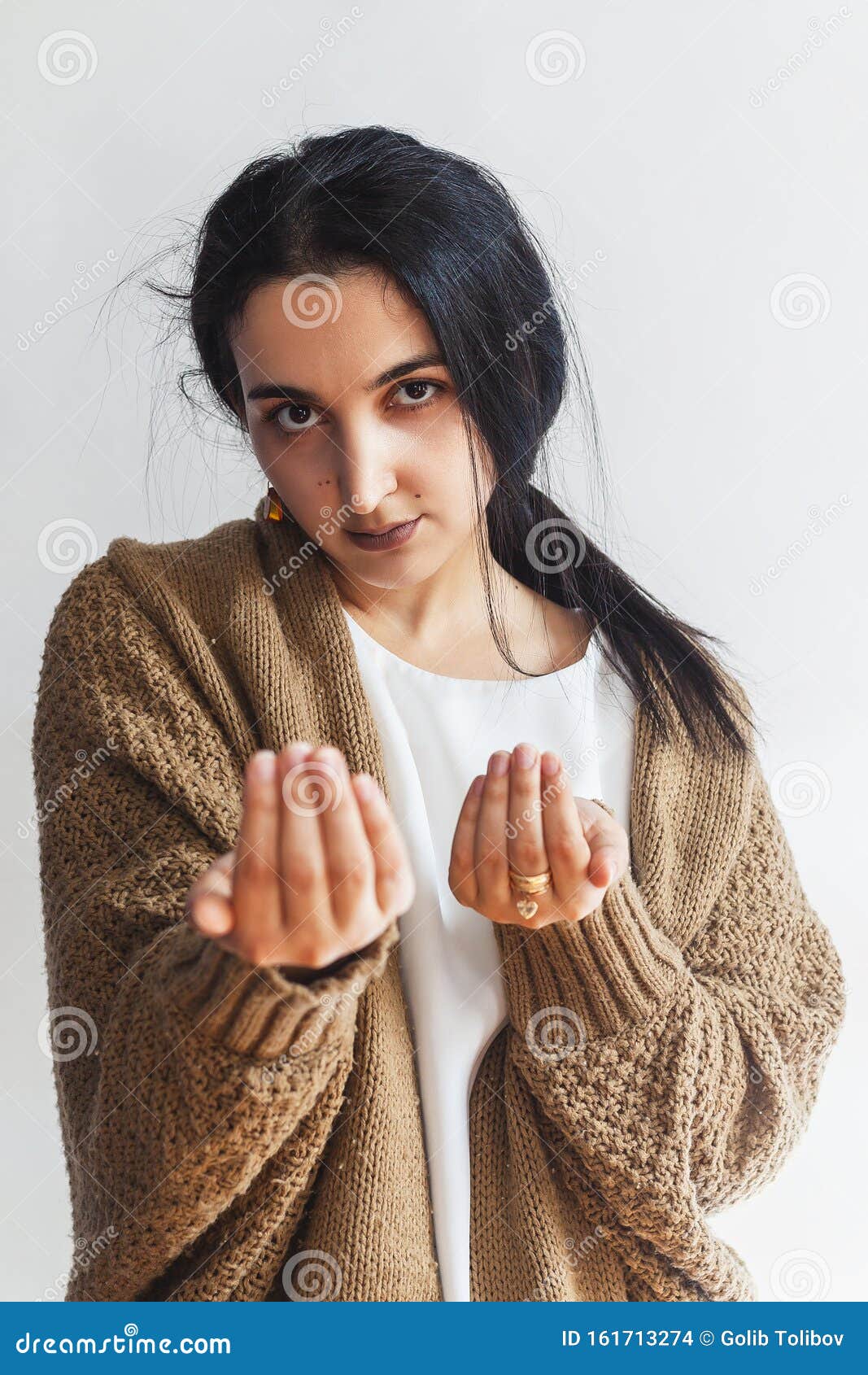 Inviting To Come Portrait Of Young Pretty Woman Calling Someone Cute