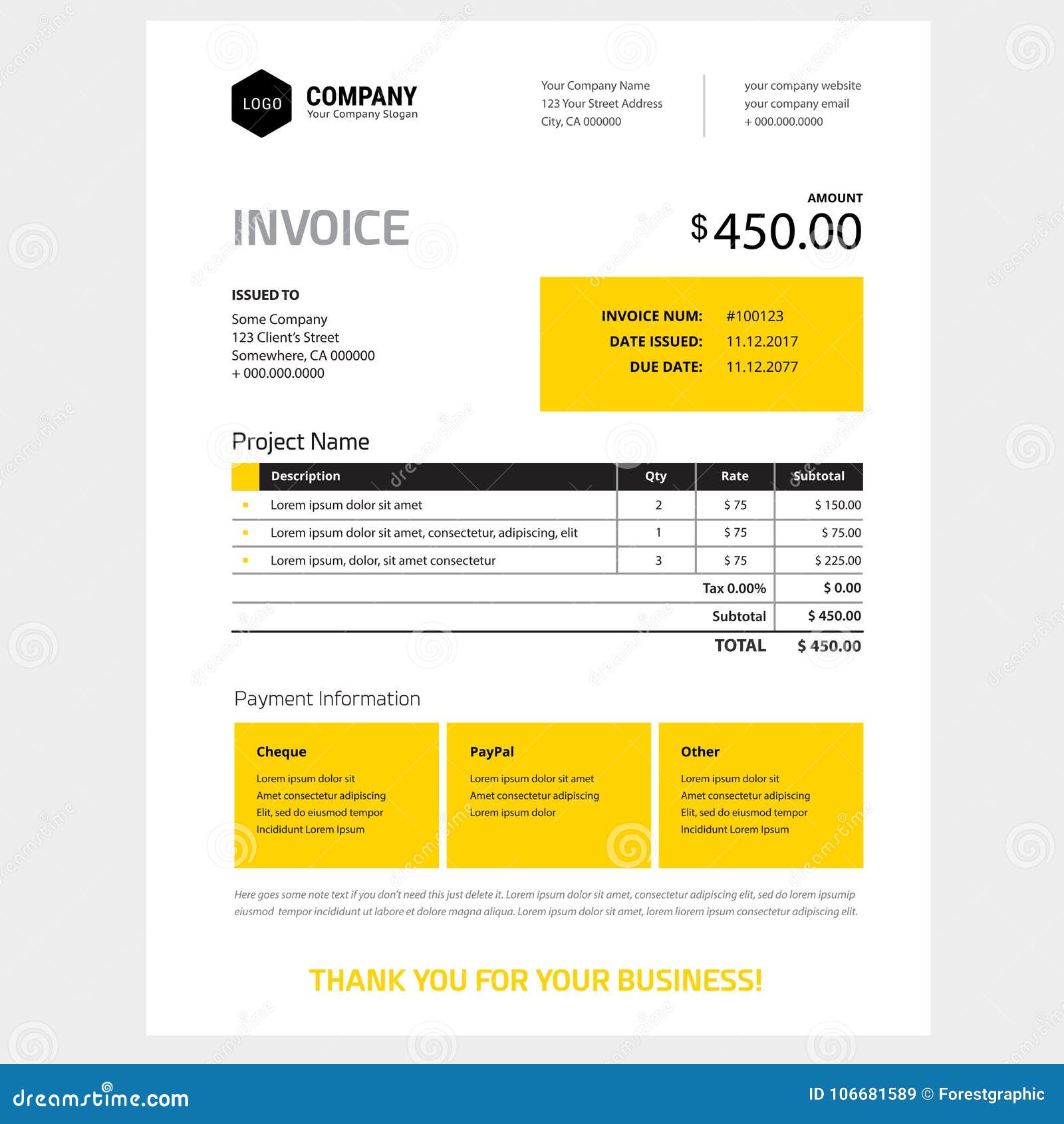 Invoice Form Design Template - Yellow and Black Color Stock Vector ...