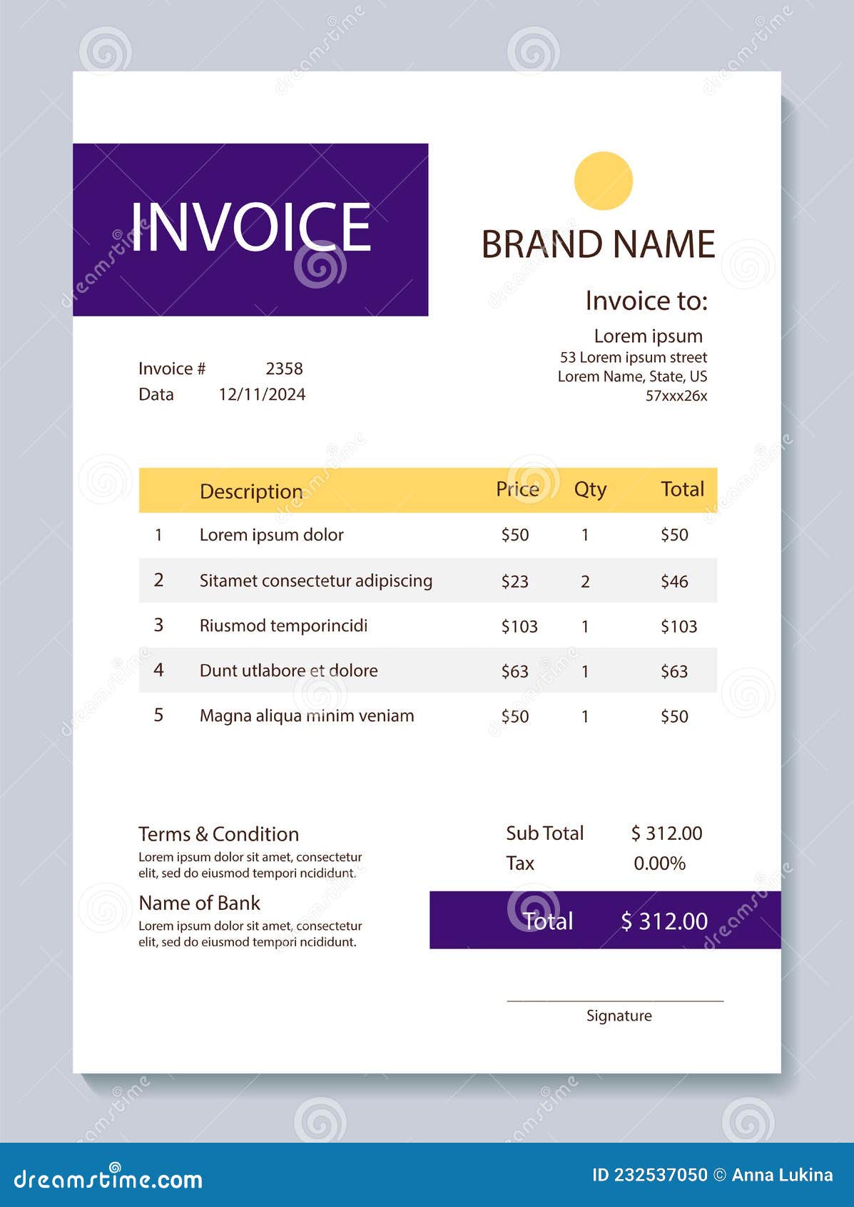 Invoice Form Design Template. Yellow and Violet Color Scheme ...