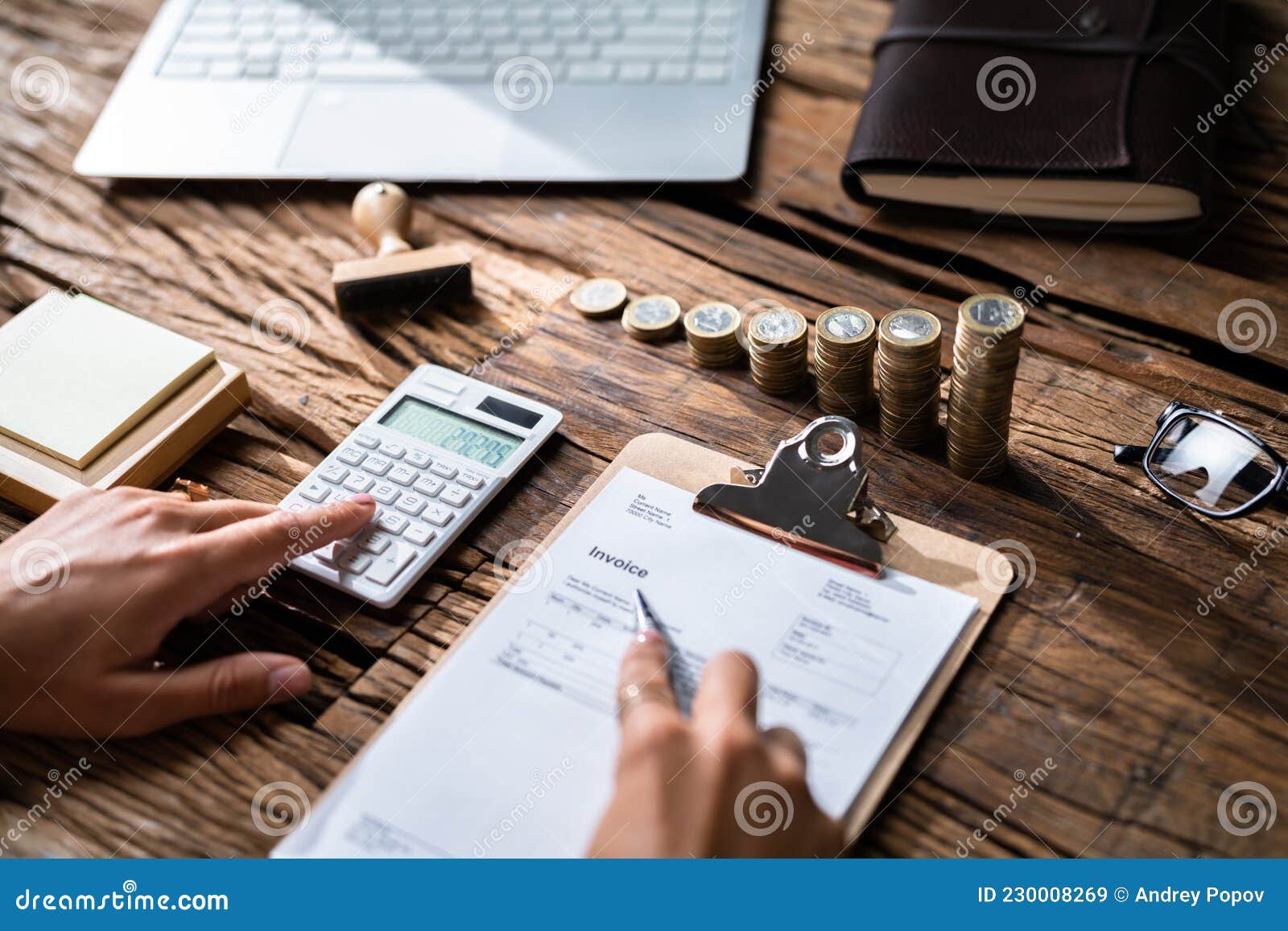 Invoice Paperwork Using Calculator. Money Stack Stock Image - Image of ...