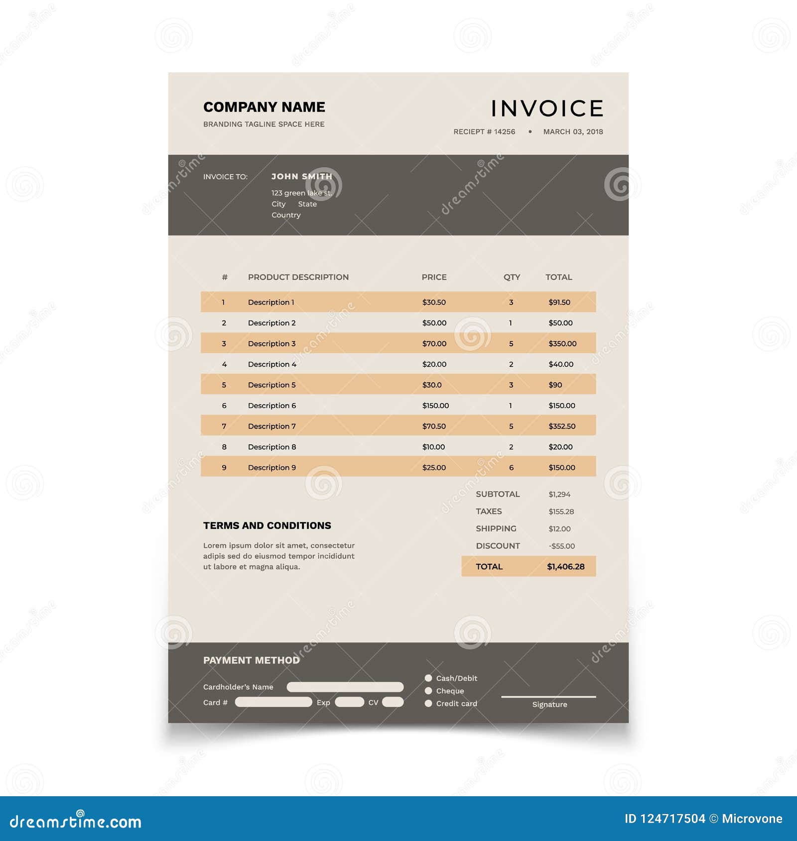 Invoice Template. Bill Form with Data Table and Tax Stock Vector ...