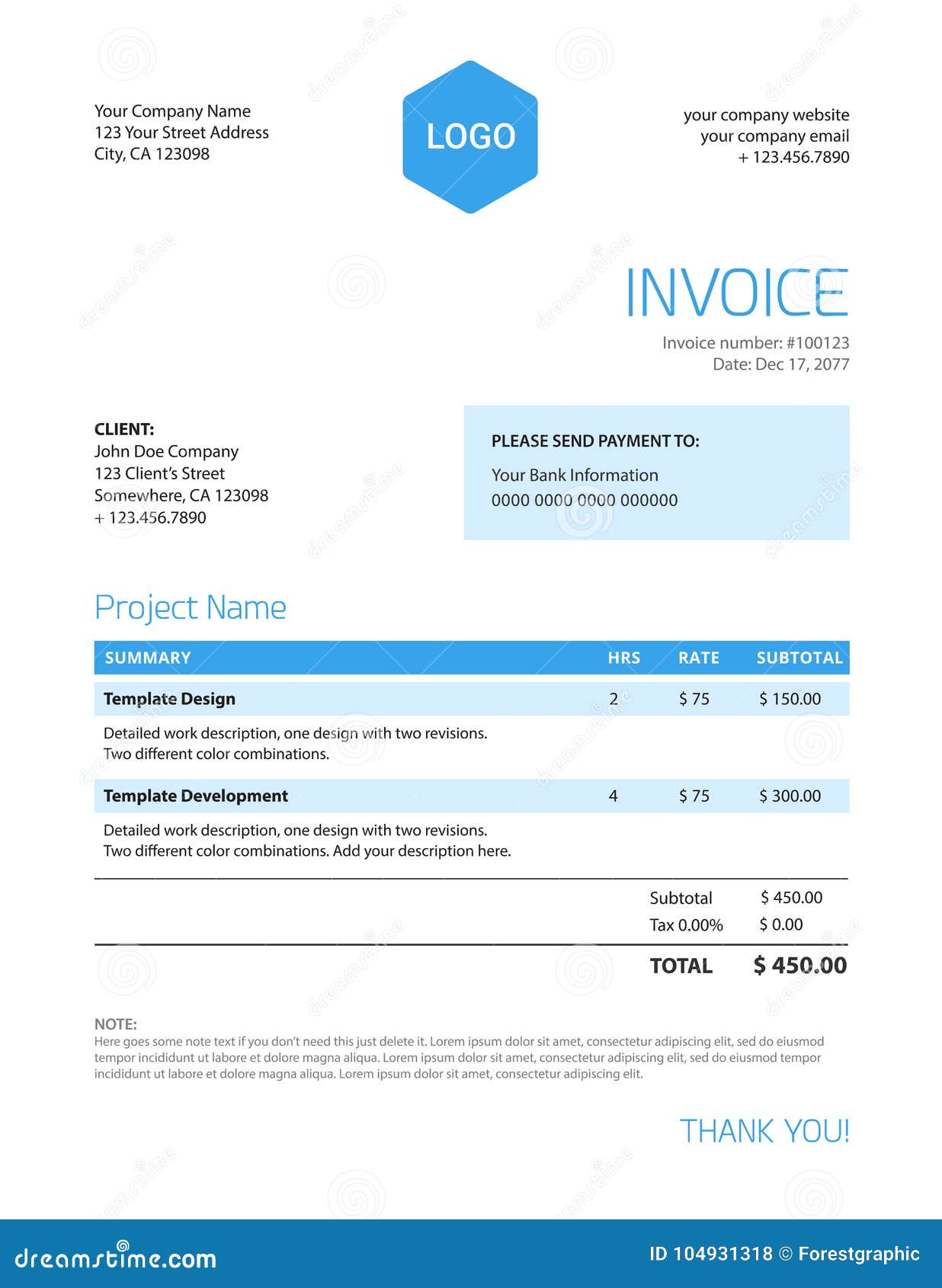Invoice Template - Blue Color Minimalist Design Stock Vector ...