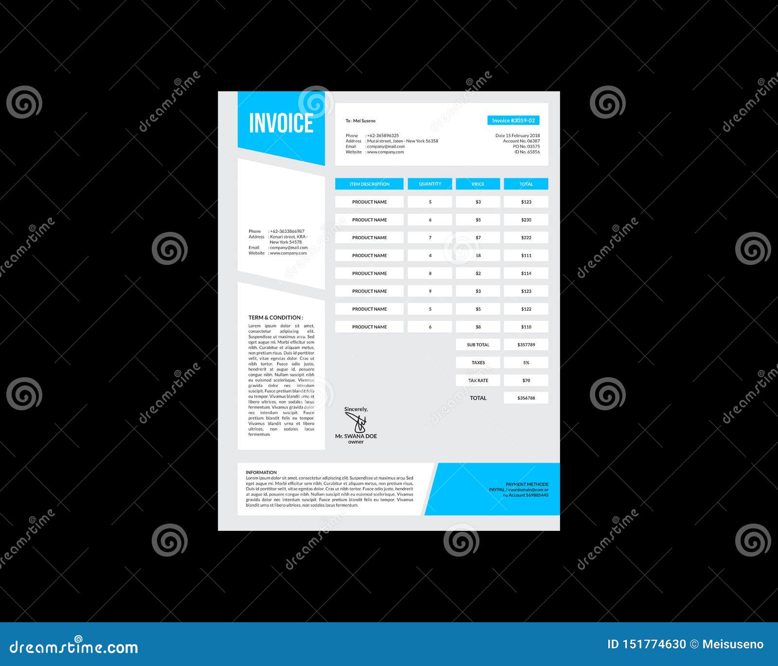 Invoice Vector Template Design in Blue Theme Stock Vector ...