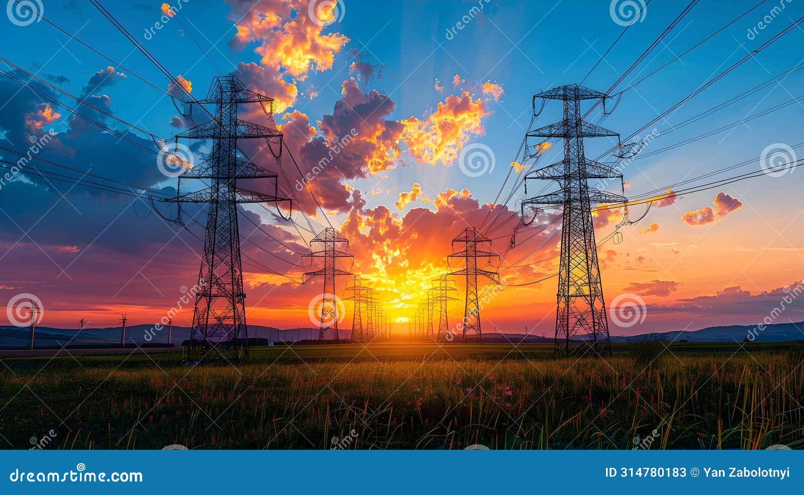 IoT-Enabled Smart Grids at Sunset. Concept Energy Efficiency, Smart ...