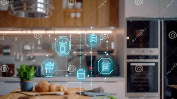 IoT-enabled Smart Kitchen with Digital Appliance Icons Stock Photo ...