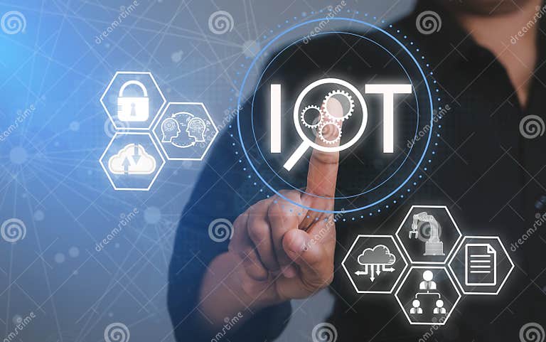 IOT Internet of Things Wireless Technology Concept. Hand Pressing ...