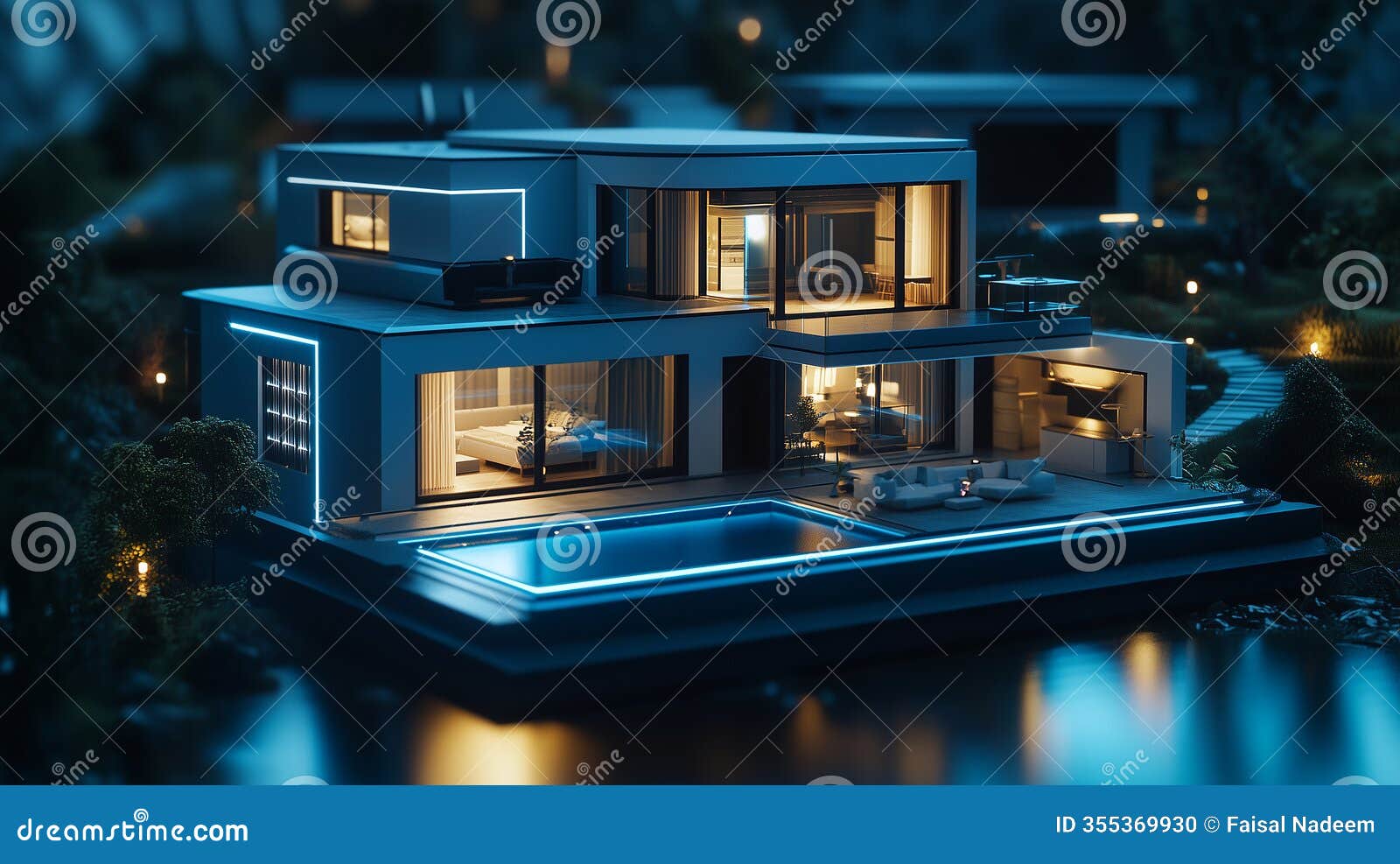 Modern Luxury Waterfront House Nighttime View Illuminated Pool Home ...