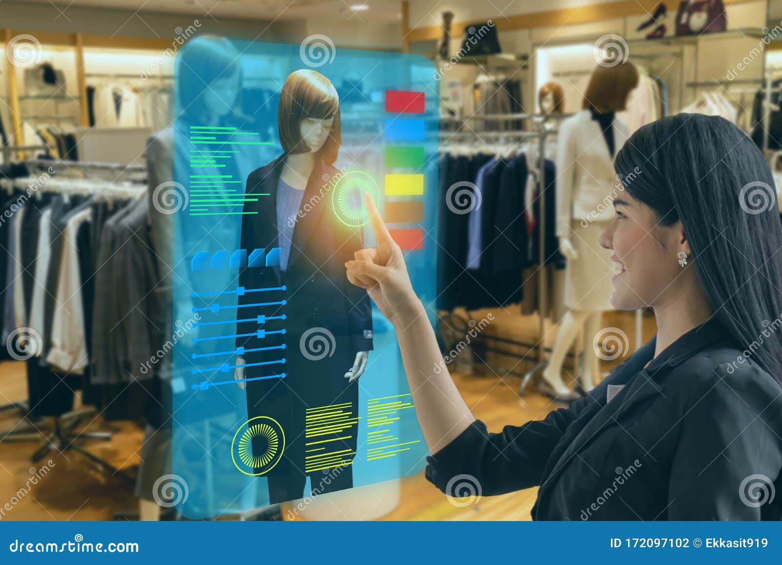 Iot Smart Retail Futuristic Technology Concept, Happy Girl Try To Use ... Iot Smart Retail Futuristic Technology Concept, Happy Girl Try To Use ...